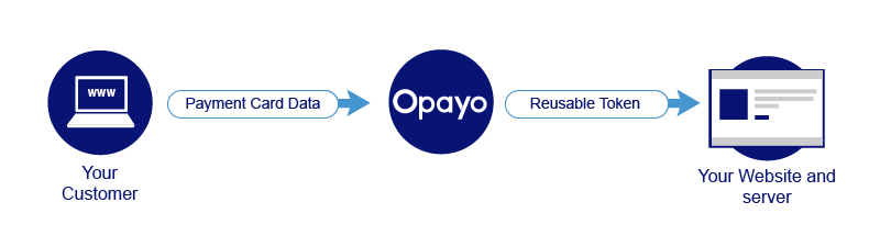 A diagram depicting Opayo's Token feature. Firstly, the customer sends ...